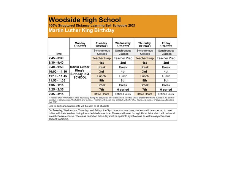 Woodside High School - Bell Schedules